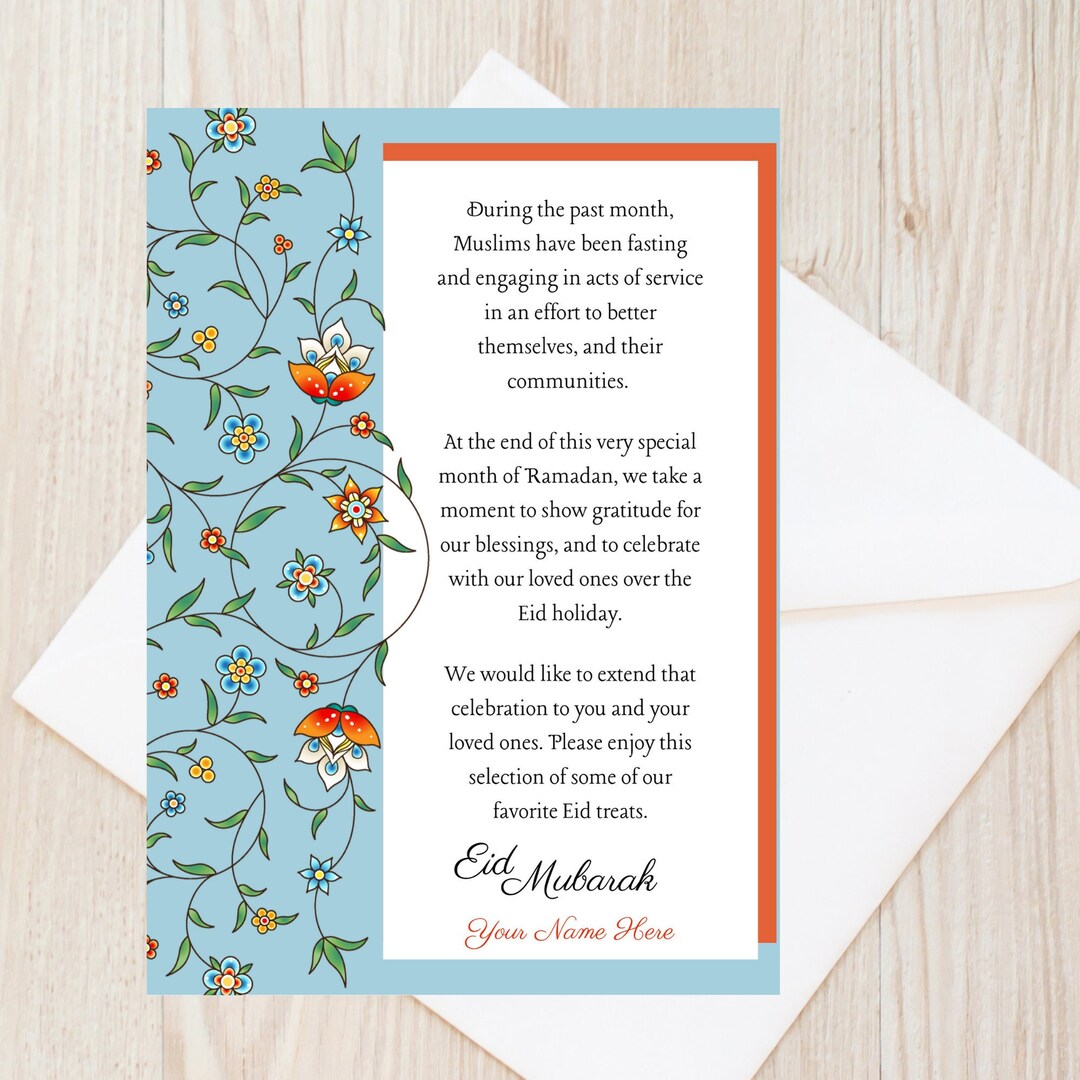 Personalized Printable Floral Eid Card for Neighbors and Coworkers ...