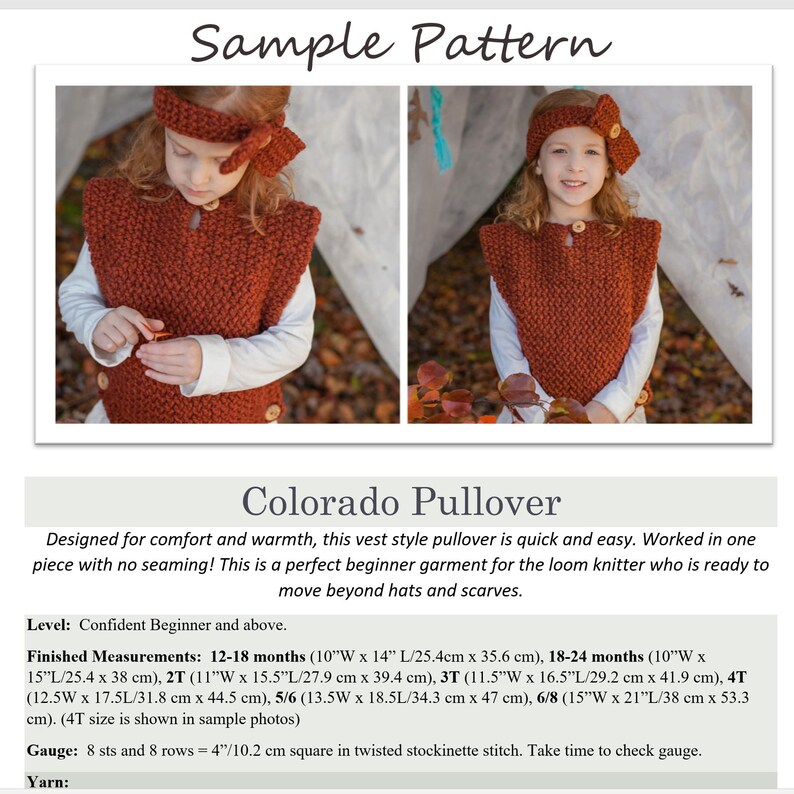 Loom Knit Pullover Vest PDF PATTERN. Colorado Pullover and Headband ...