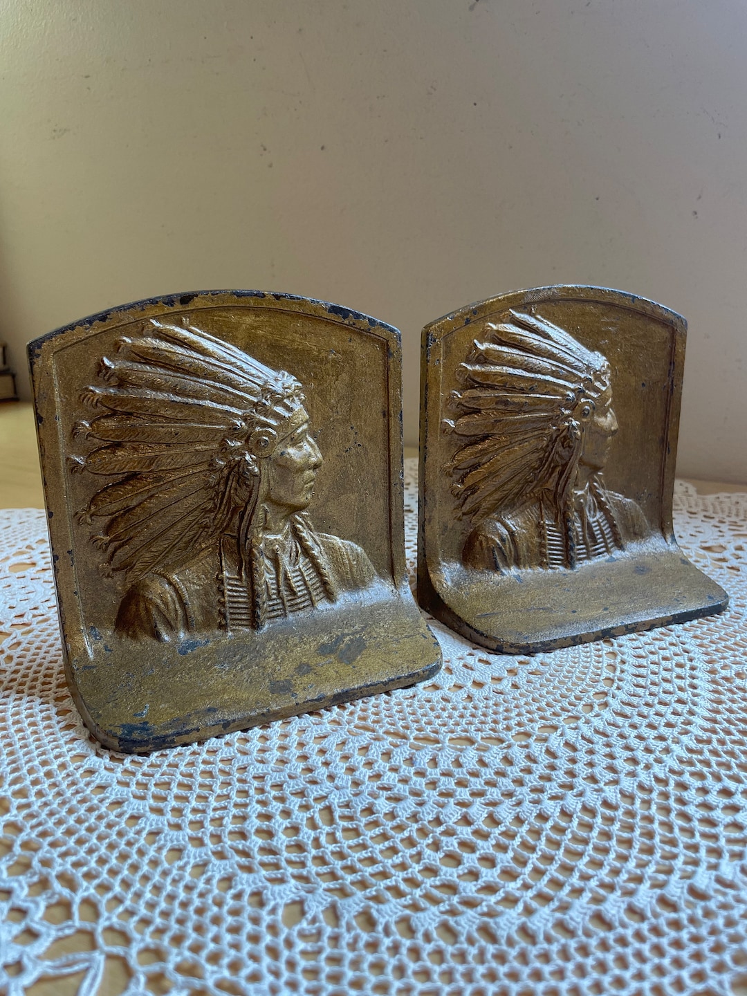American Indian Cast Iron Bookends, Vintage Cast Iron Bookends, Colored ...