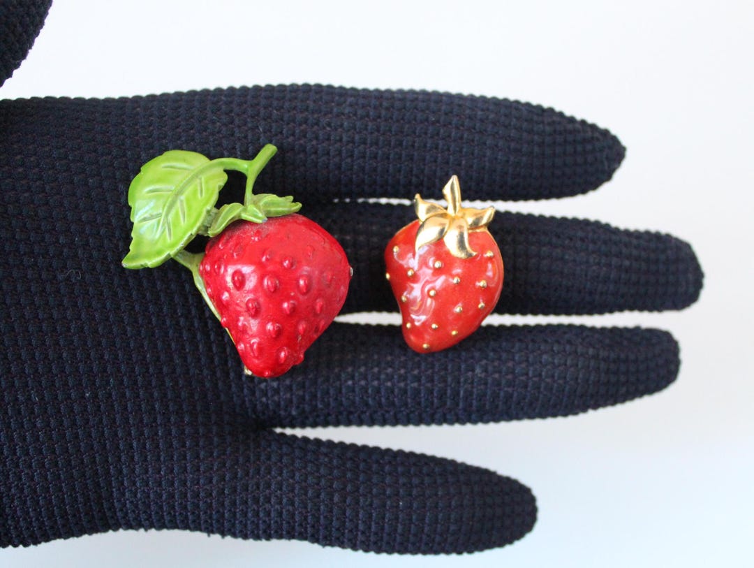 Vintage Enamel Strawberry Pin Lot, Red Green Enamel Fruit Pin Lot Mid ...