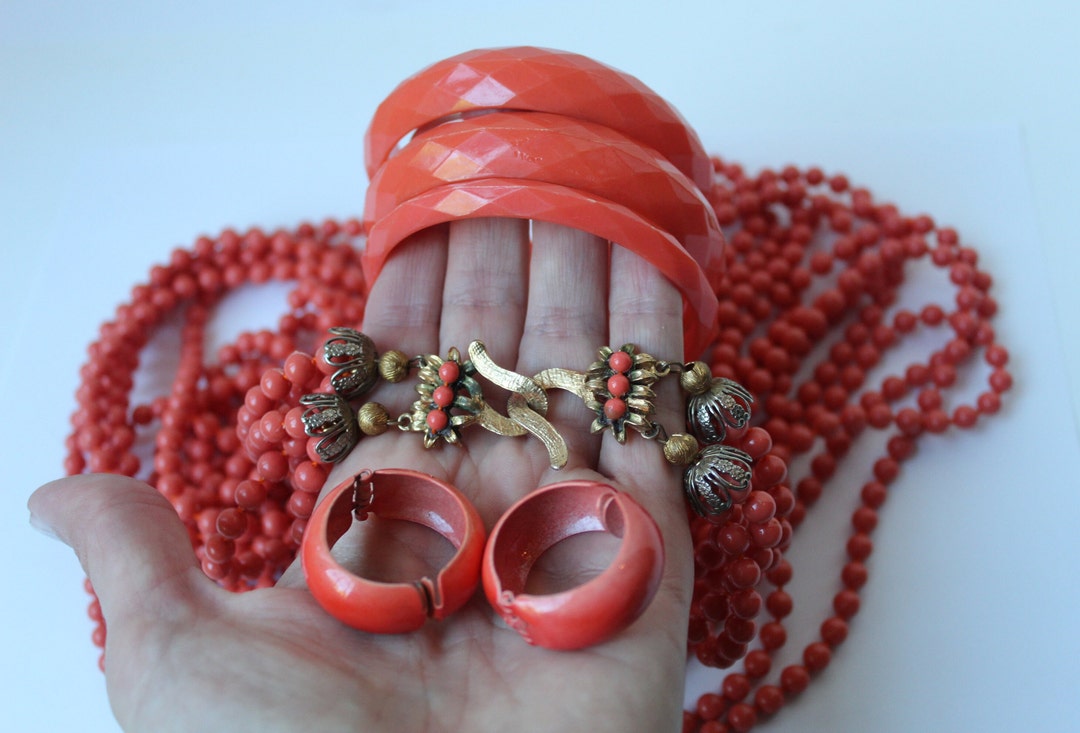 Vintage Mid Century Mod Extra Long 52" Coral Orange Beads 12 Stranded ...