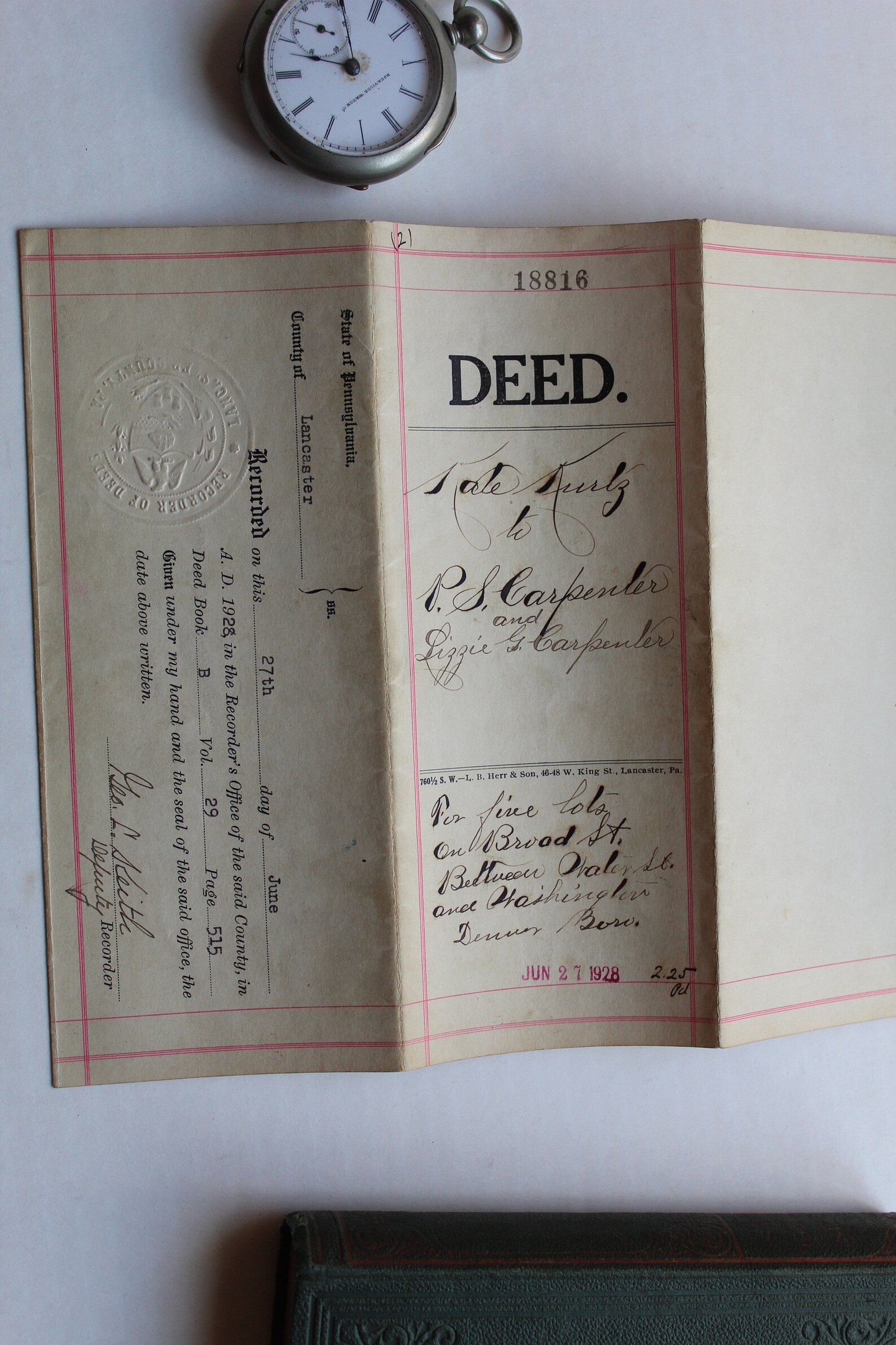 Antique Lancaster County, PA Deed 5 Lots on Broad St, Denver Borough ...