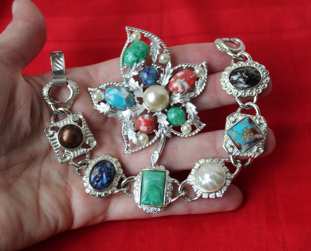 Vintage Sarah Coventry Faux Gem Cabochons Bracelet and Fantasy Leaf ...