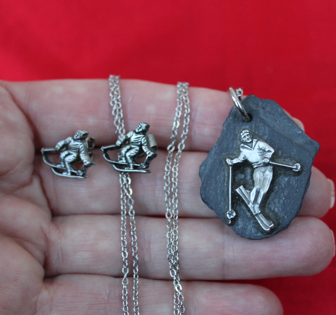 Vintage 1970s Ski Necklace, Unusual Unique Silver Skier on Stone ...