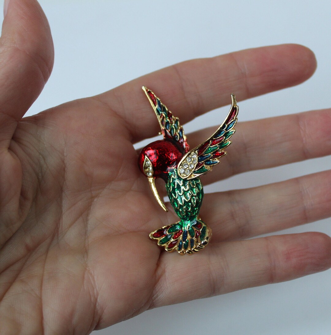 Vintage Enamel and White Crystal Hummingbird Pin, Red, Green and Blue ...