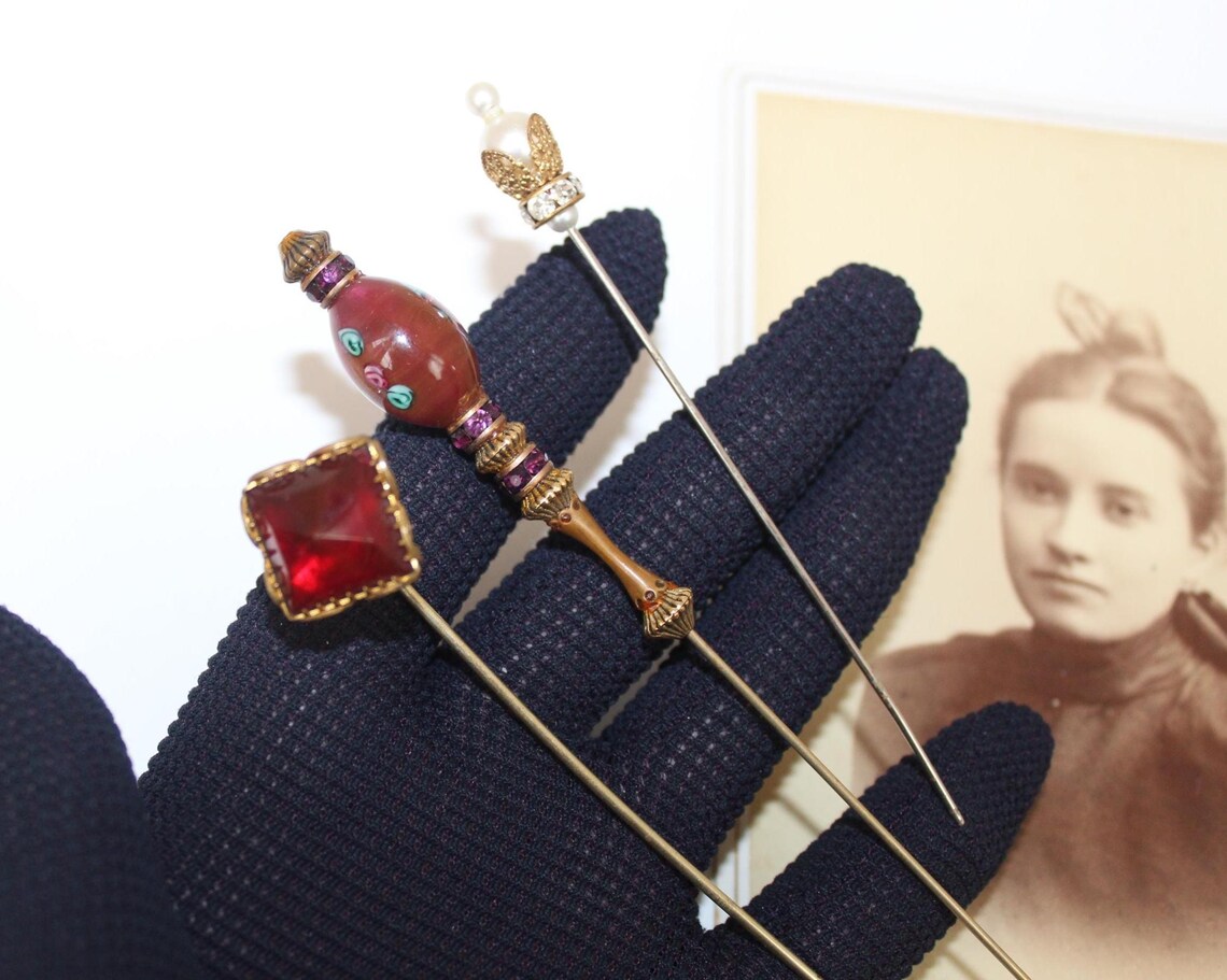 3 Antique Victorian Era Hat Pins, Red Glass, Art Deco Hat Pin Painted ...