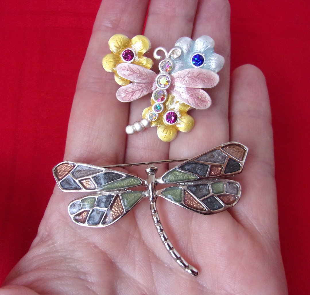 2 Vintage Dragon Fly Pins Brooches, 2 Retro Dragon Fly Pins With Blue ...