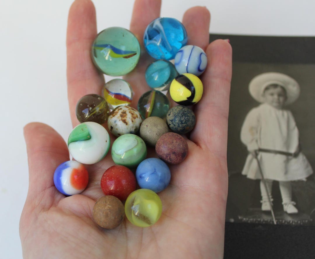 20 Antique Marbles Victorian Glass Marbles, Brown & Blue Bennington ...