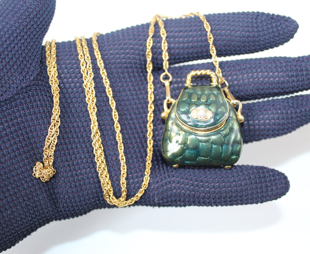 Vintage Unusual Green Enamel & White Crystal Purse Locket, Unique Stash ...