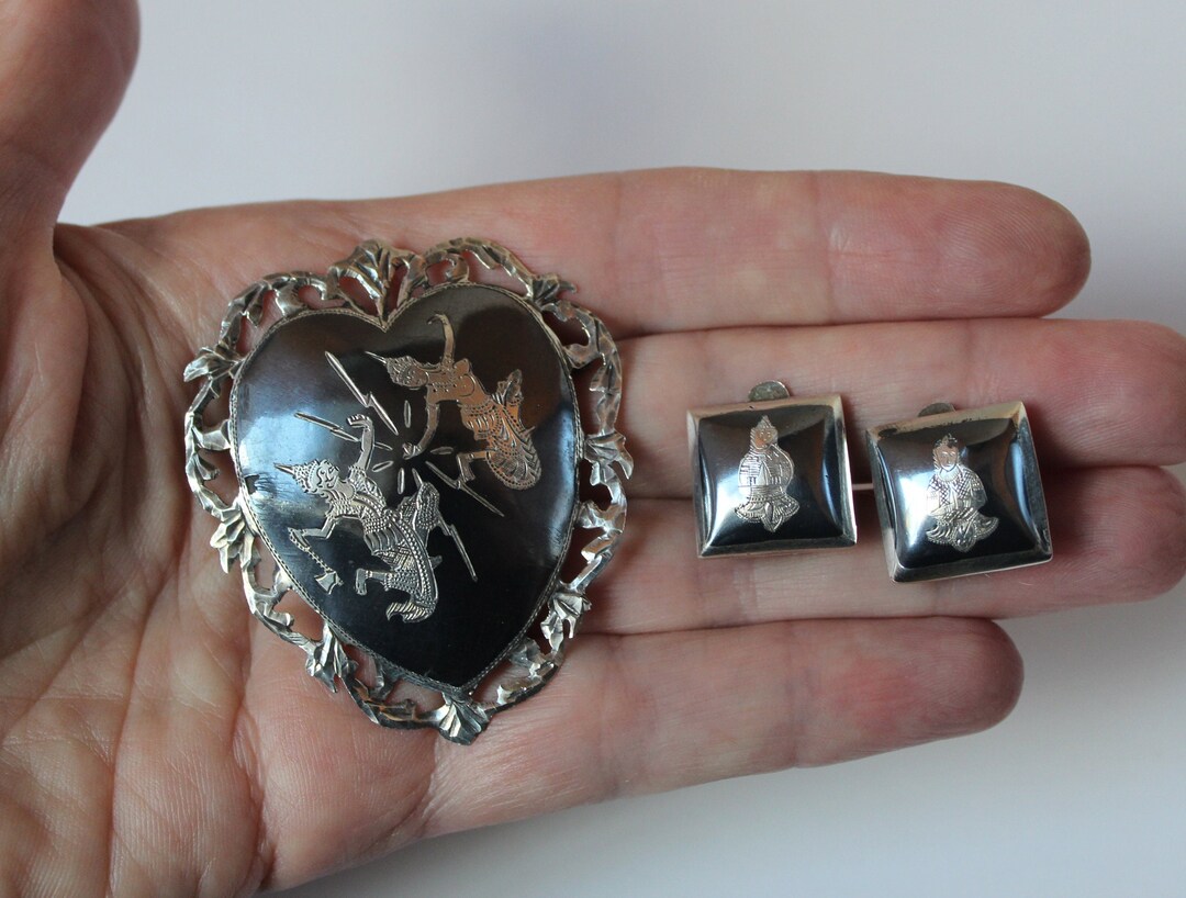 Vintage Siam Sterling Jewelry Set, Goddess of Lightning & God of Thunder in a Heart Pin and Clip ...