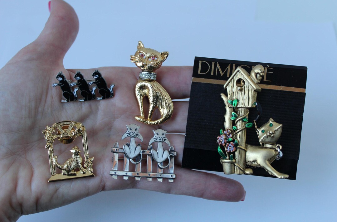 Vintage Lot of 5 Cute Kitty Cat Pins Brooches, Cat Lover Pins, Green ...