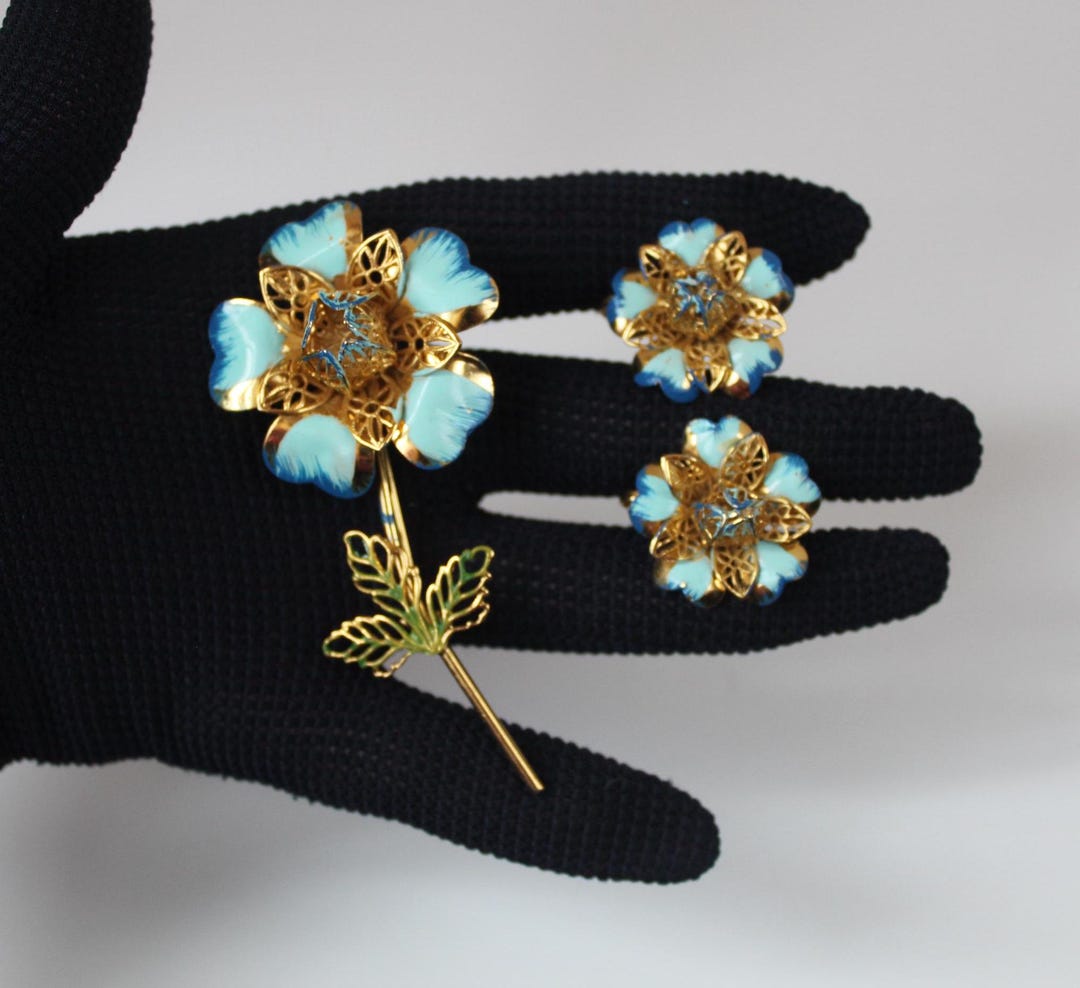 Vintage Mid Century Mod 1950s 60s Jewelry Set Blue Enamel Filigree ...