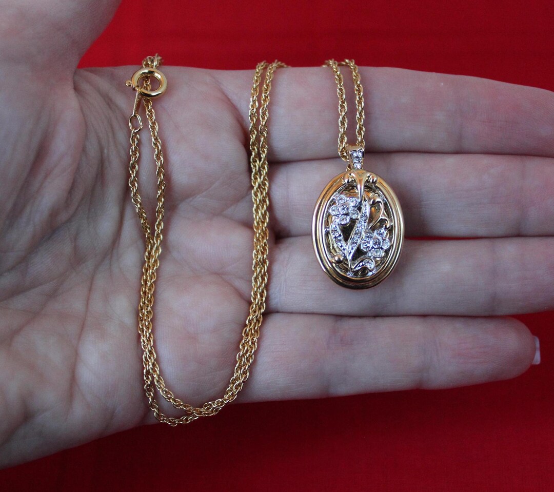 Vintage Oval Locket With White Crystal Flowers on Front, Room for 2 ...