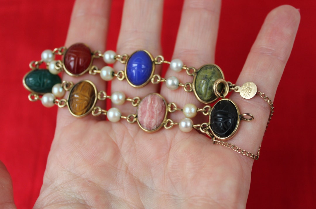 Vintage Mid Century Scarab Bracelets With Gems and Real Pearls, Jade ...