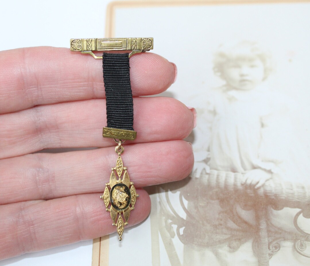 Antique Victorian Era Pyrite Druzy Black Small Childs Mourning Ribbon ...