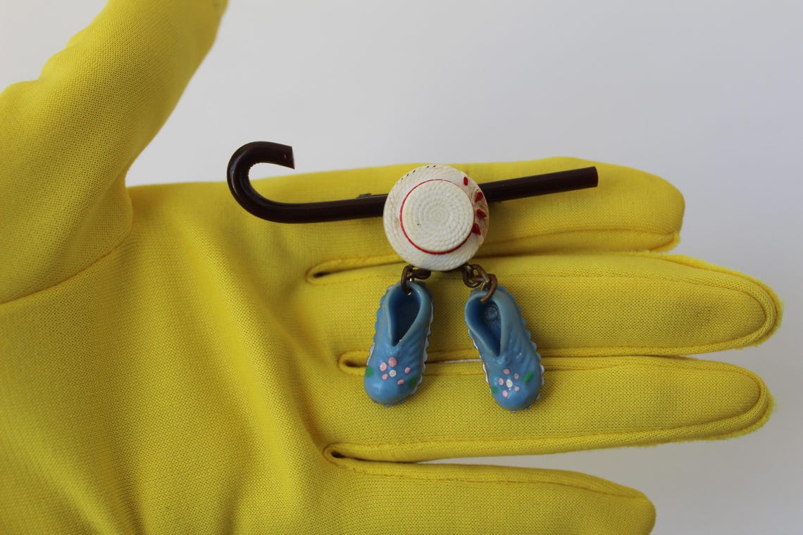 Vintage 1930s Celluloid Kitsch Pin Brooch, Celluloid Cane, Detailed Hat ...