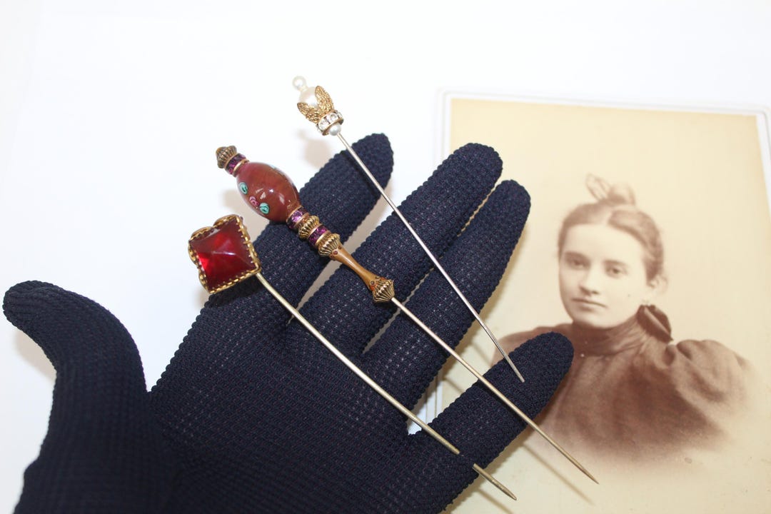 3 Antique Victorian Era Hat Pins, Red Glass, Art Deco Hat Pin Painted ...