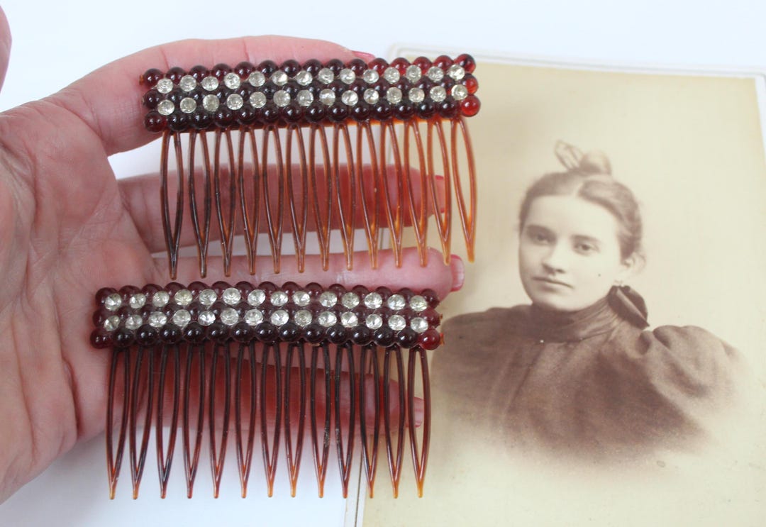 Pair of Vintage Celluloid Art Deco Hair Combs With 2 Rows Rhinestones ...