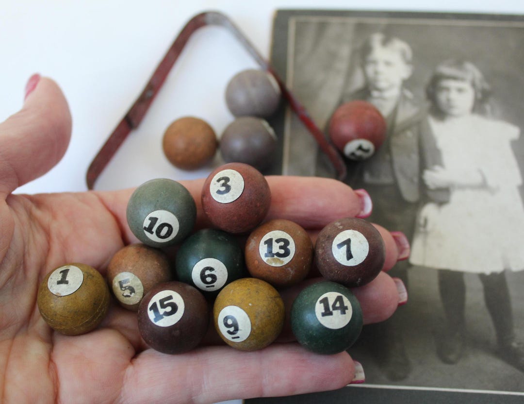 Antique Vintage Toy Mini Table Top Billiards Pool Game, 15 Painted ...