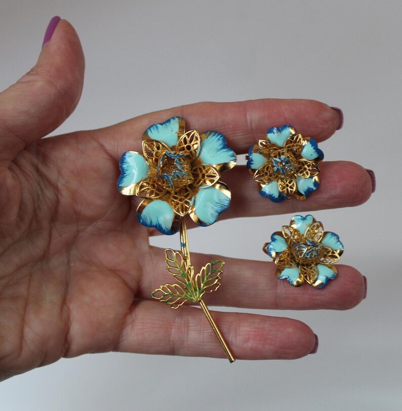 Vintage Mid Century Mod 1950s 60s Jewelry Set Blue Enamel Filigree ...