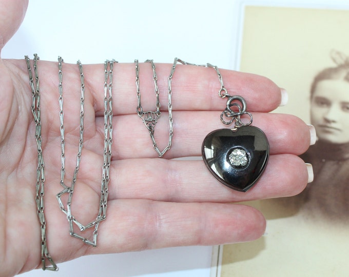 Antique Victorian Era Pyrite Jet Heart Mourning Necklace on Long Silver ...