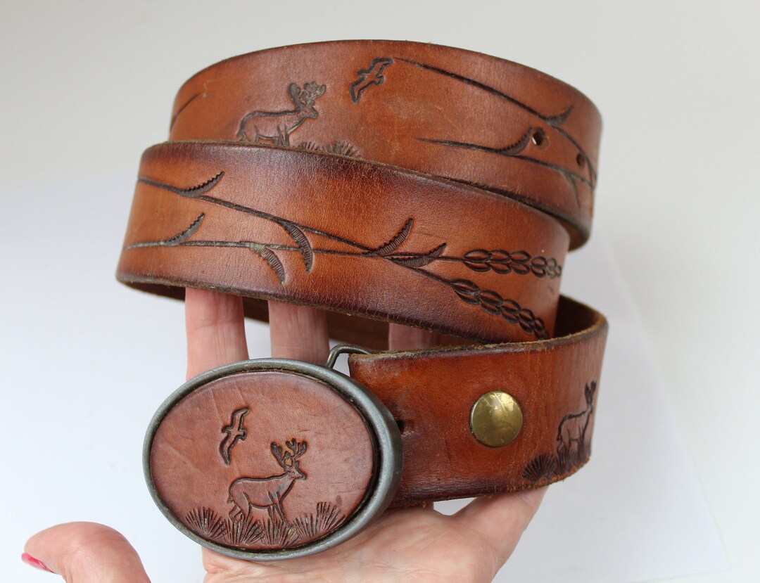Vintage 1970s Hand Tooled Leather Belt Large Leather Deer Bucks Buckle ...