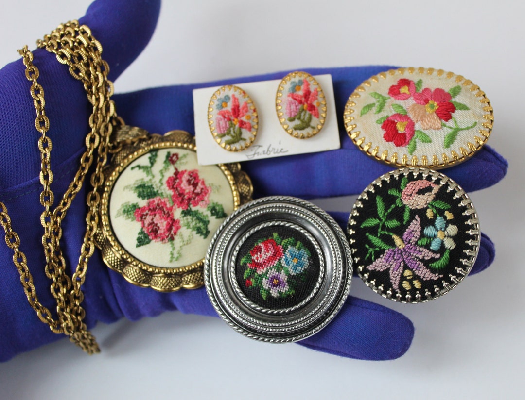 Vintage Jewelry Set Lot 5 Pieces Petit Point Needlepoint Embroidered Jewelry Set, Clip Earrings ...