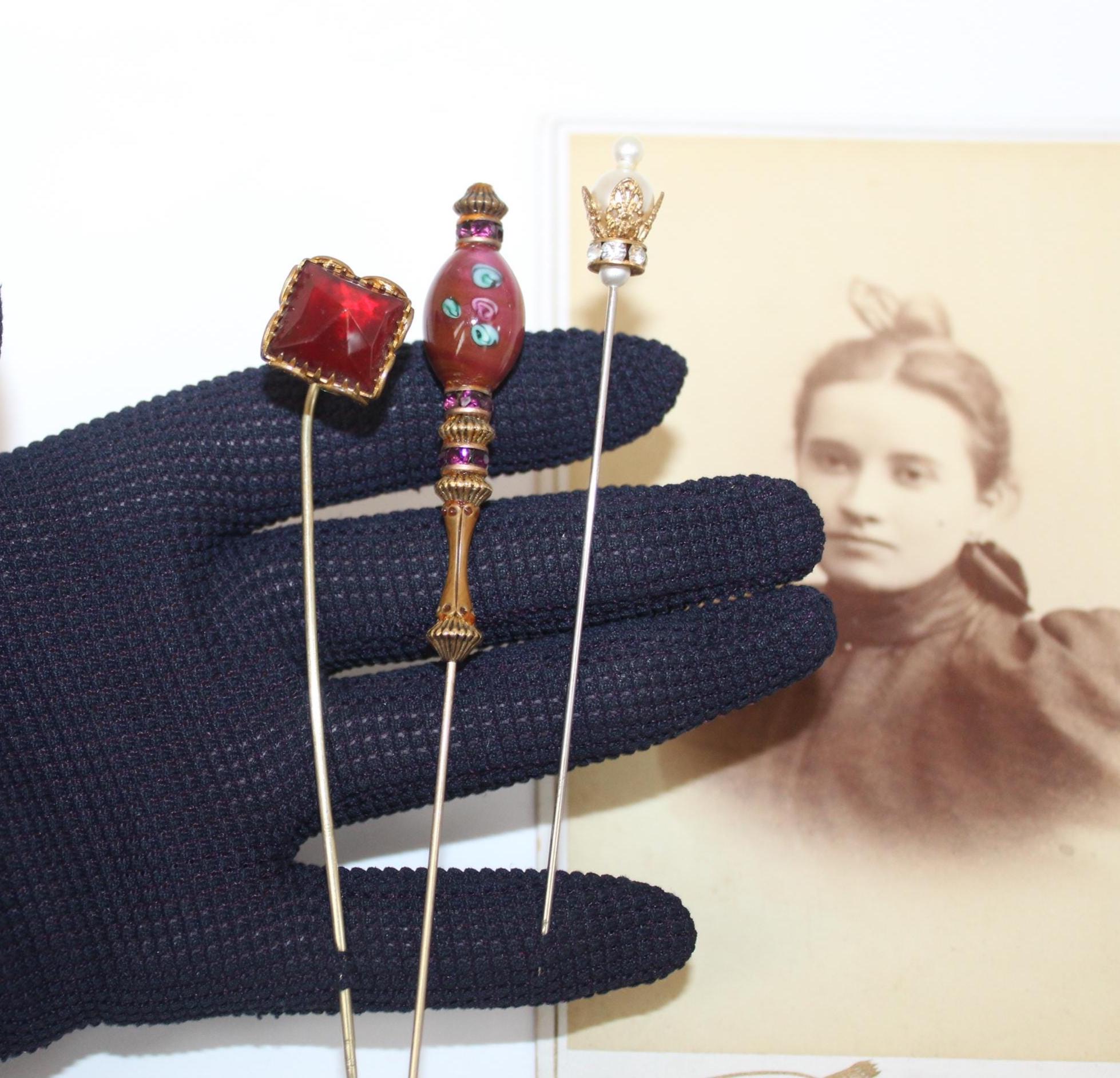 3 Antique Victorian Era Hat Pins, Red Glass, Art Deco Hat Pin Painted ...