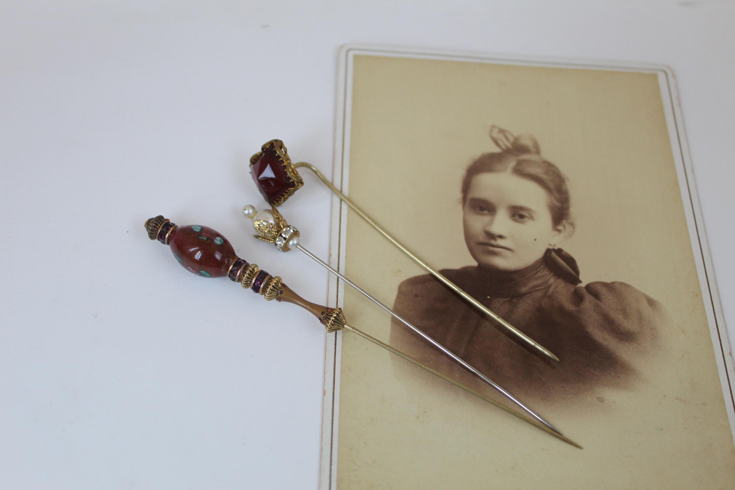3 Antique Victorian Era Hat Pins, Red Glass, Art Deco Hat Pin Painted ...