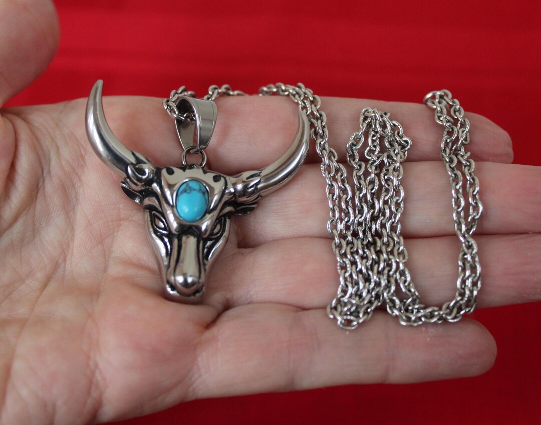 Silver Tone & Faux Turquoise Longhorn Steer Bull Pendant Necklace on ...