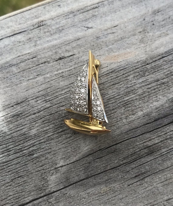 14K Diamond Sailboat Brooch (Pin) - Gem
