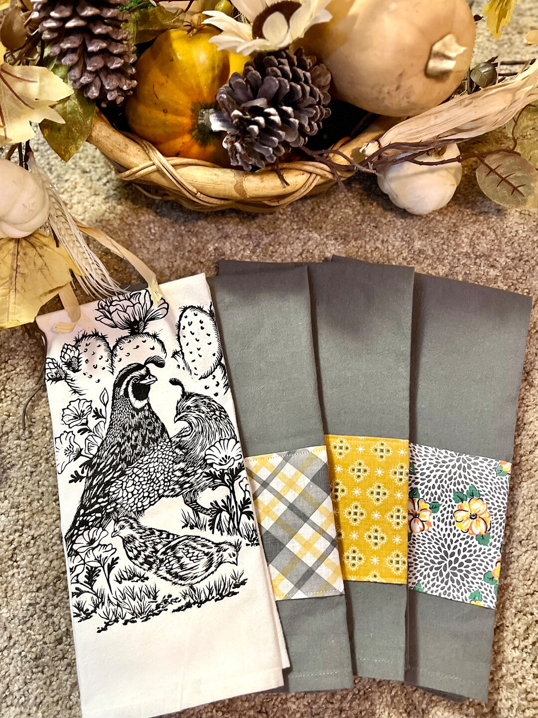 Hand Printed Quail Flour Sack Tea Towel SET, Vintage Feed Sack and ...