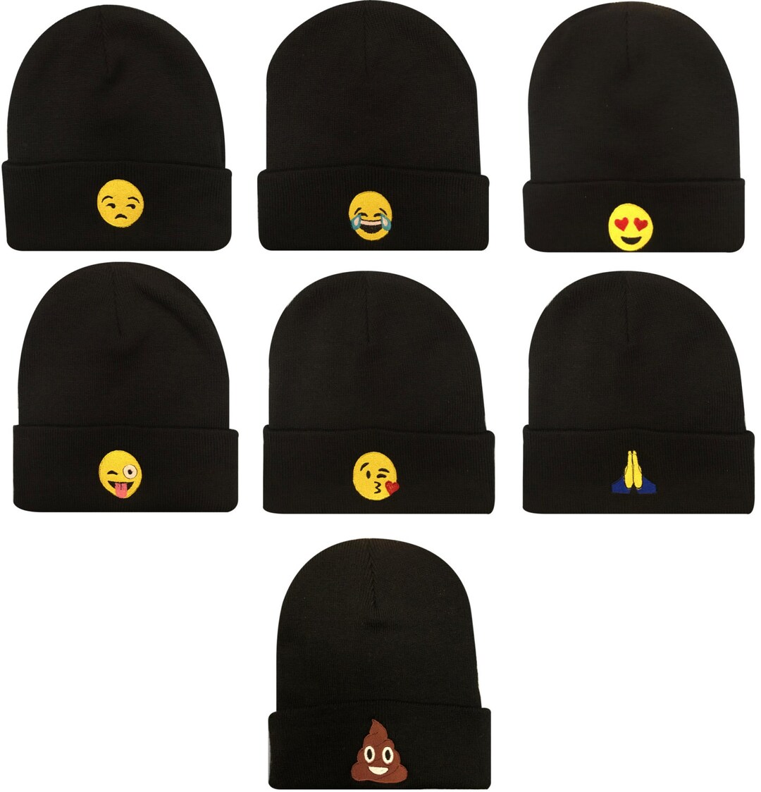 New Symbol Smileys Emoticon Face Embroidered Black Beanies Cuff Neck ...
