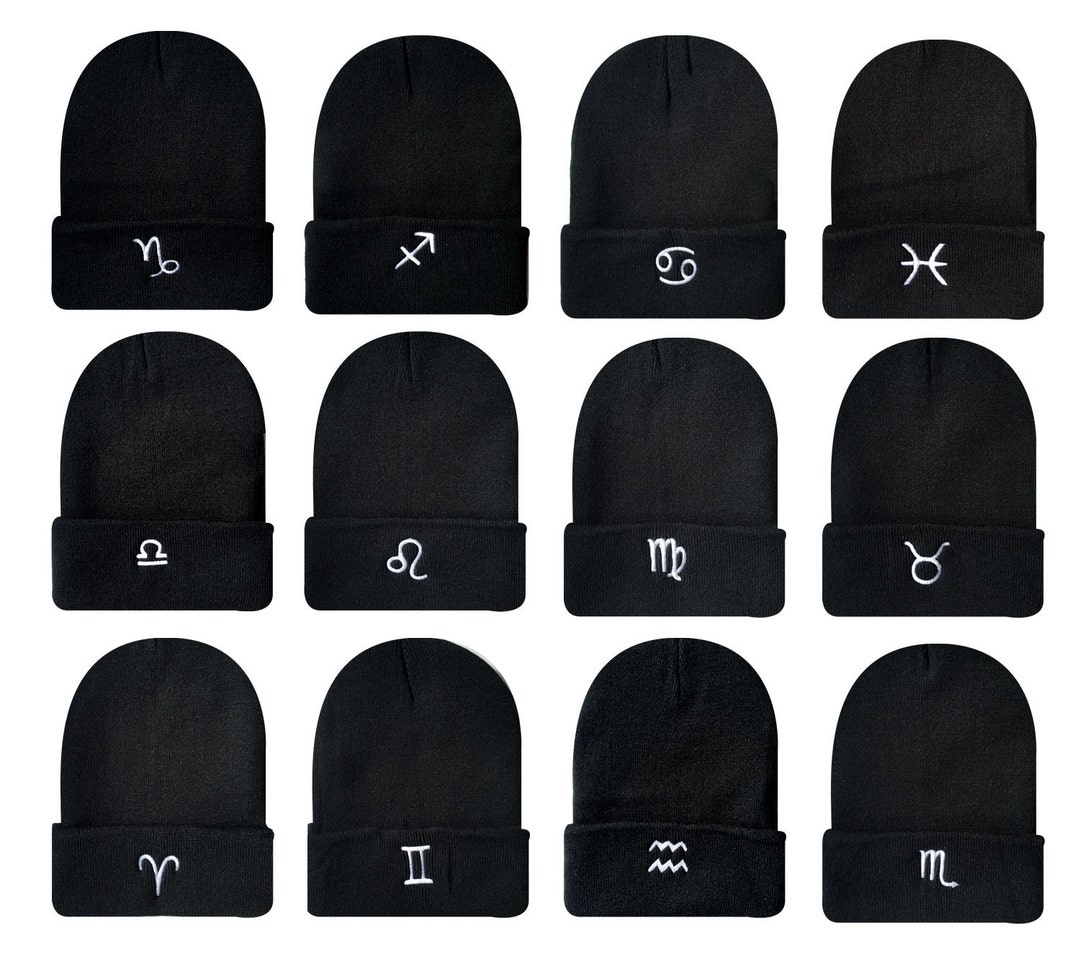Zodiac Horoscope Signs Embroidered Black Acrylic Cuff Neck Long Beanies ...