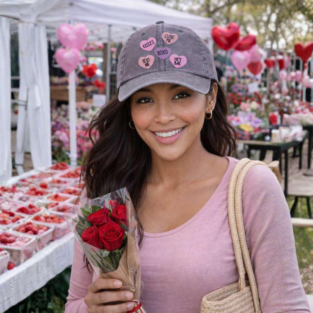 Conversation Heart Embroidered Washed Baseball Hat – Valentine’s Day ...