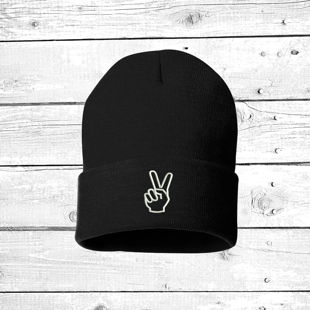 Peace Sign Embroidered Beanie Cuffed Cap, Peace Hand Gifts Peace Symbol ...
