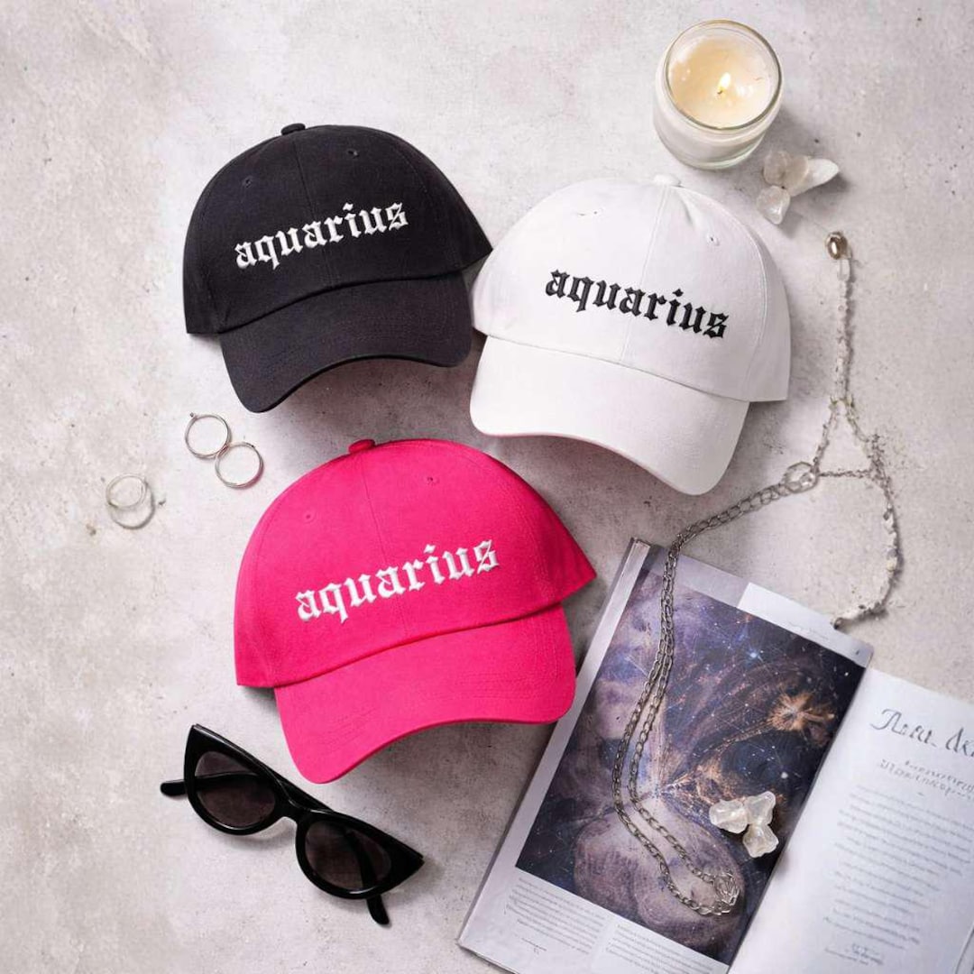 Aquarius Lowercase Embroidered Baseball Hat – Zodiac Hat, Astrology ...
