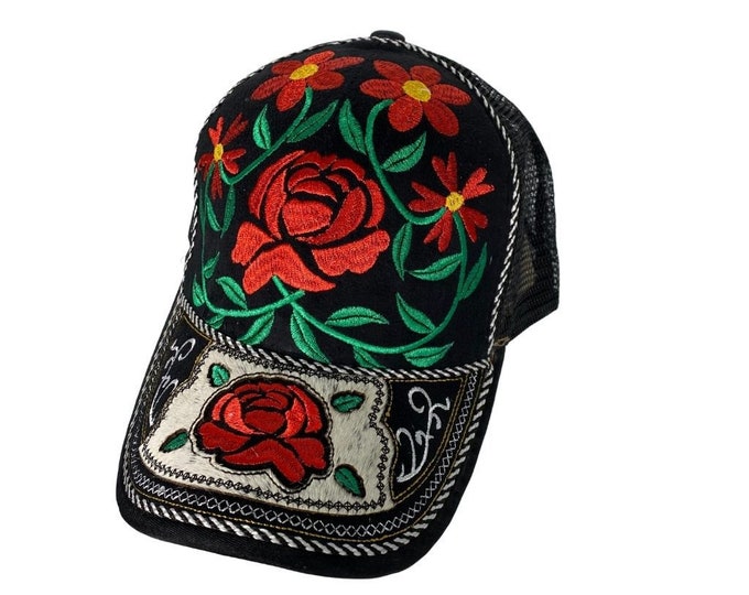 Mexican Rose Embroidered Hat, Artisanal Traditional Hat, Embroidered ...