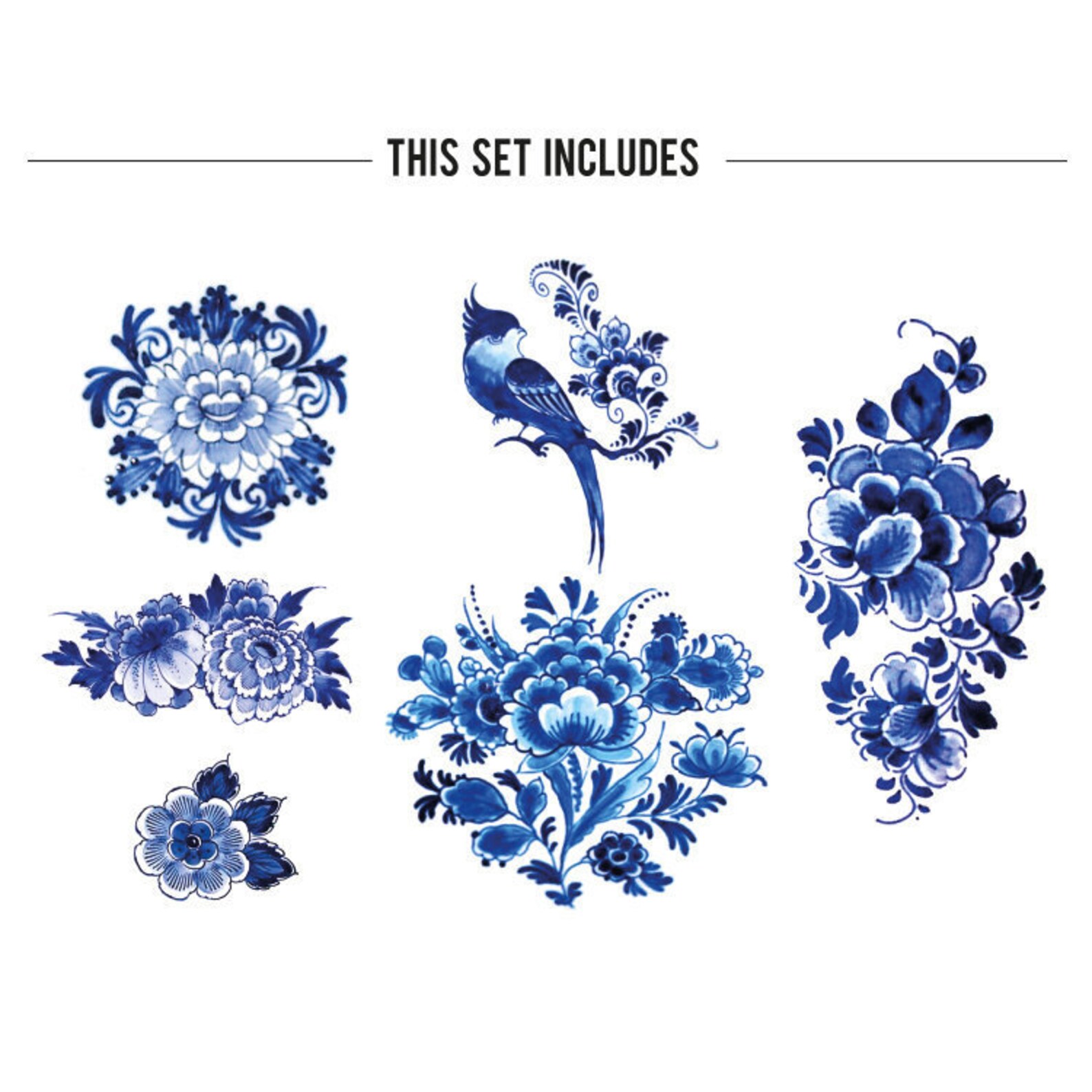 Delft Blue Temporary Tattoo Set / Blue Floral Temporary - Etsy