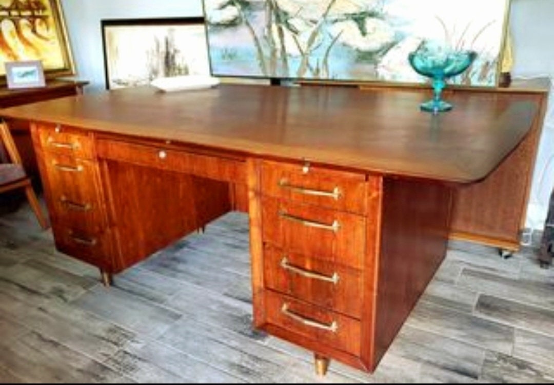 Vintage Mid Century Modern Solid Wood Executive Desk Danish MCM Tanker ...