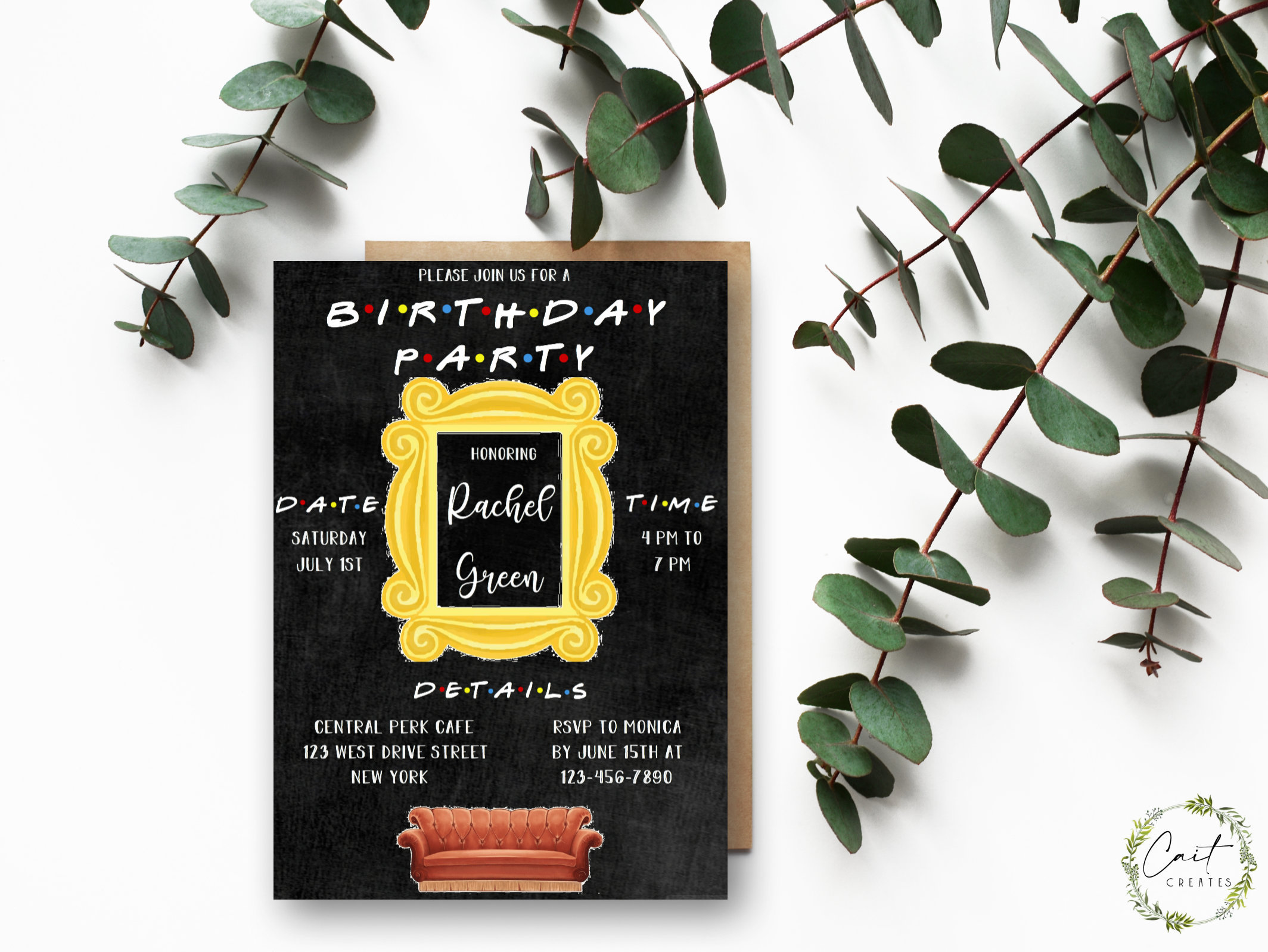 Friends Theme Birthday Invitation - Black Frame -vertical - Printable ...