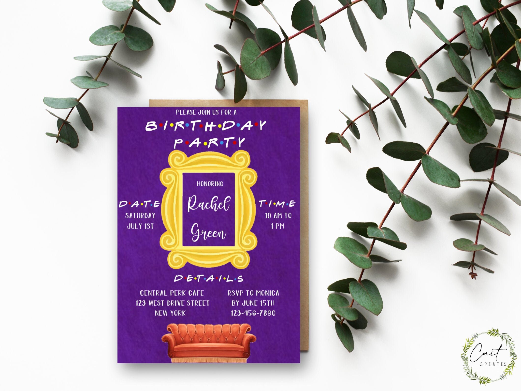 Friends Theme Birthday Invitation - Purple Frame -vertical - Printable ...