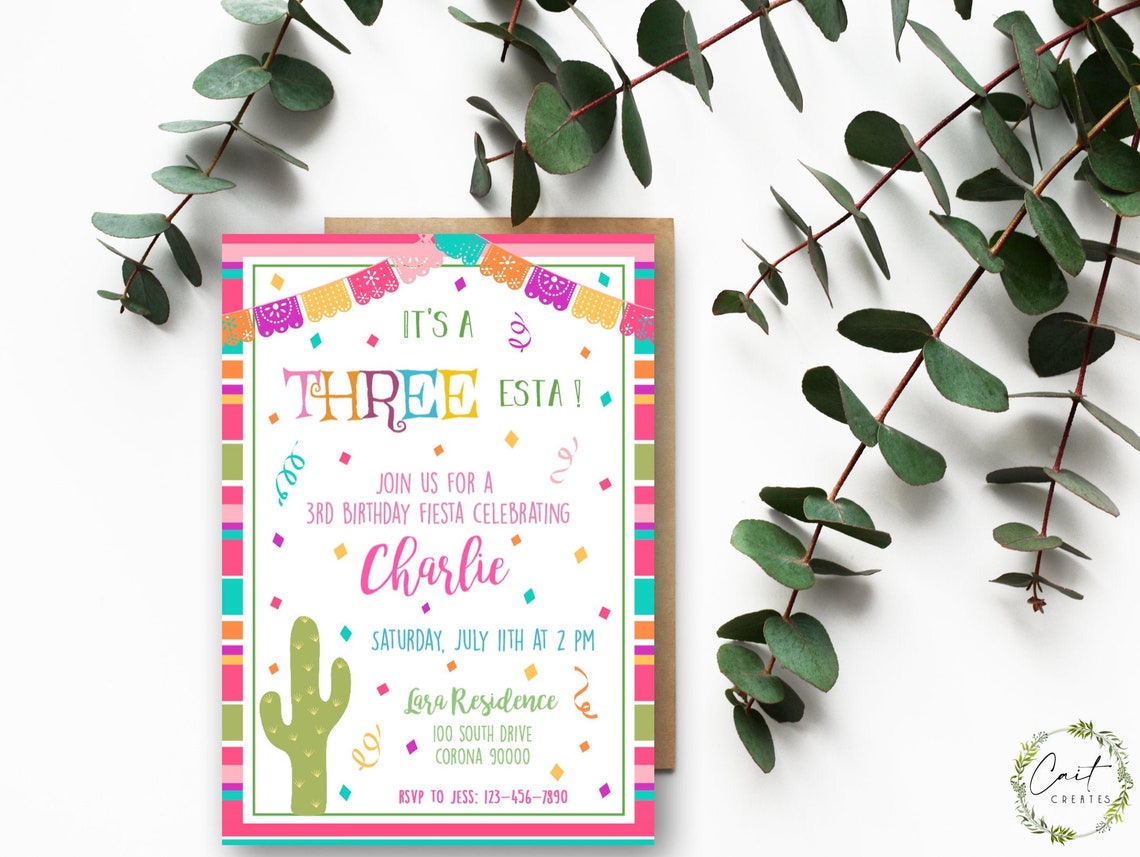 Three - Esta Fiesta - Birthday Invitation Vertical - Printable ...