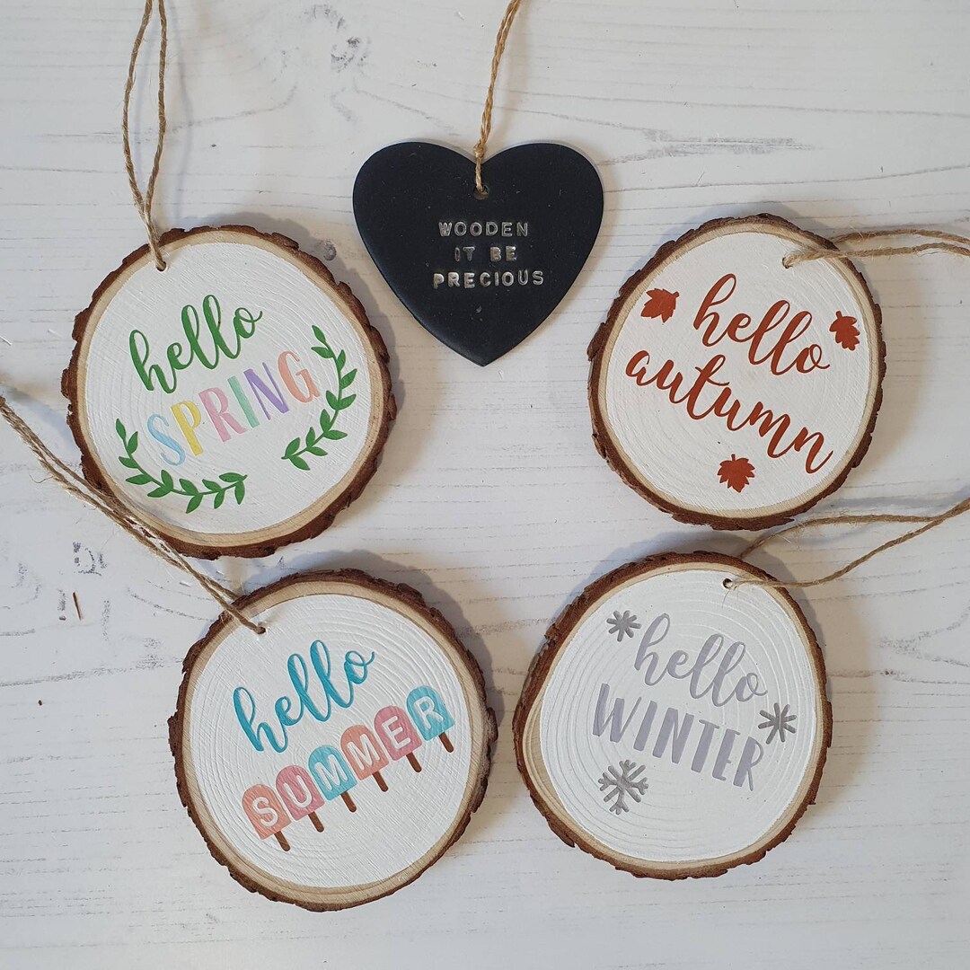 Set of 4 Hello Season Wood Slice Decorations, Hello Spring, Hello ...