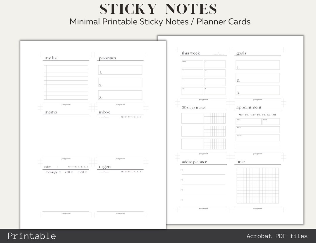 Minimal Planner Cards, 3''x3'' Printable Sticky Notes ''the Essentials ...
