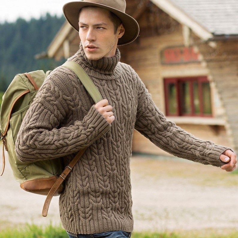 Men's Hand Knit Sweater Mens Aran Jumper Alpaca Cable Knit - Etsy