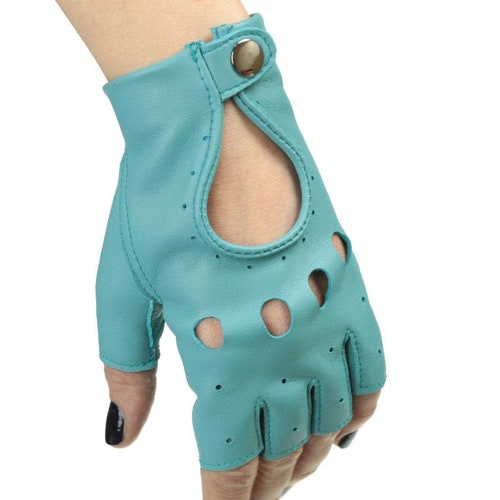 Turquoise Fingerless Leather Gloves Driving Gloves Cycling - Etsy