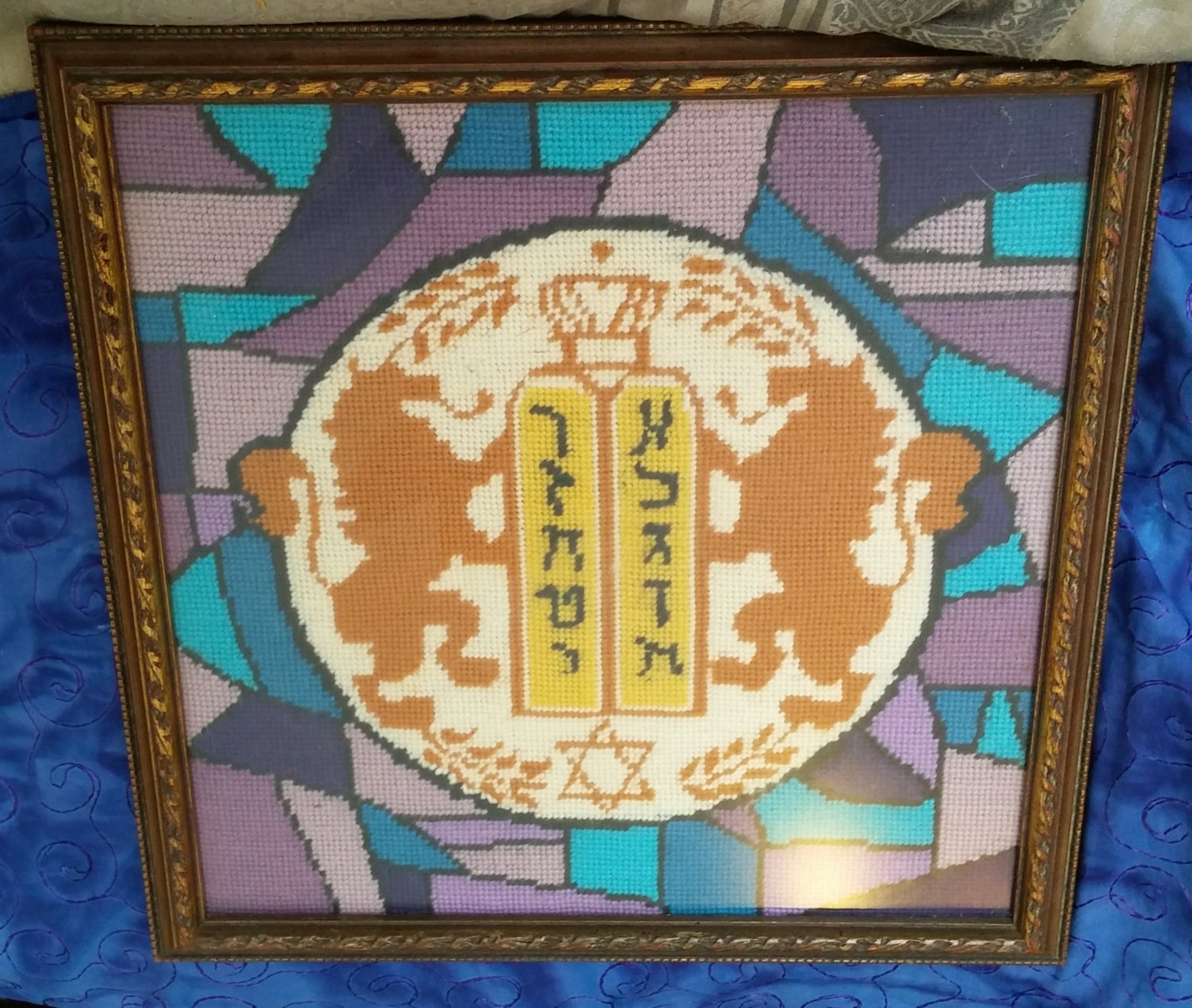 A Framed Stained Glass Like Needlepoint of Torah Shield With Two Lions ...