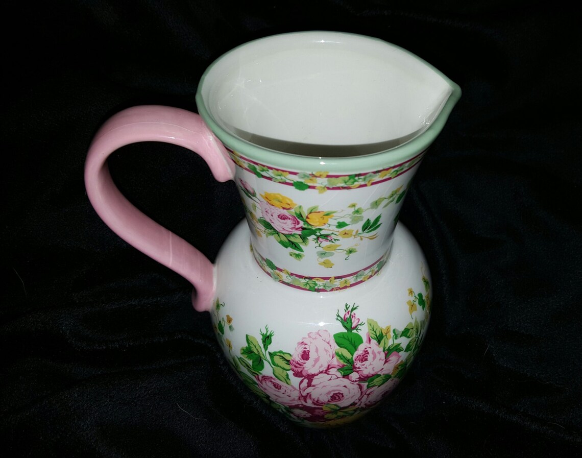 Vintage Laura Ashley FTD Pitcher Vase With Pink Handle and | Etsy