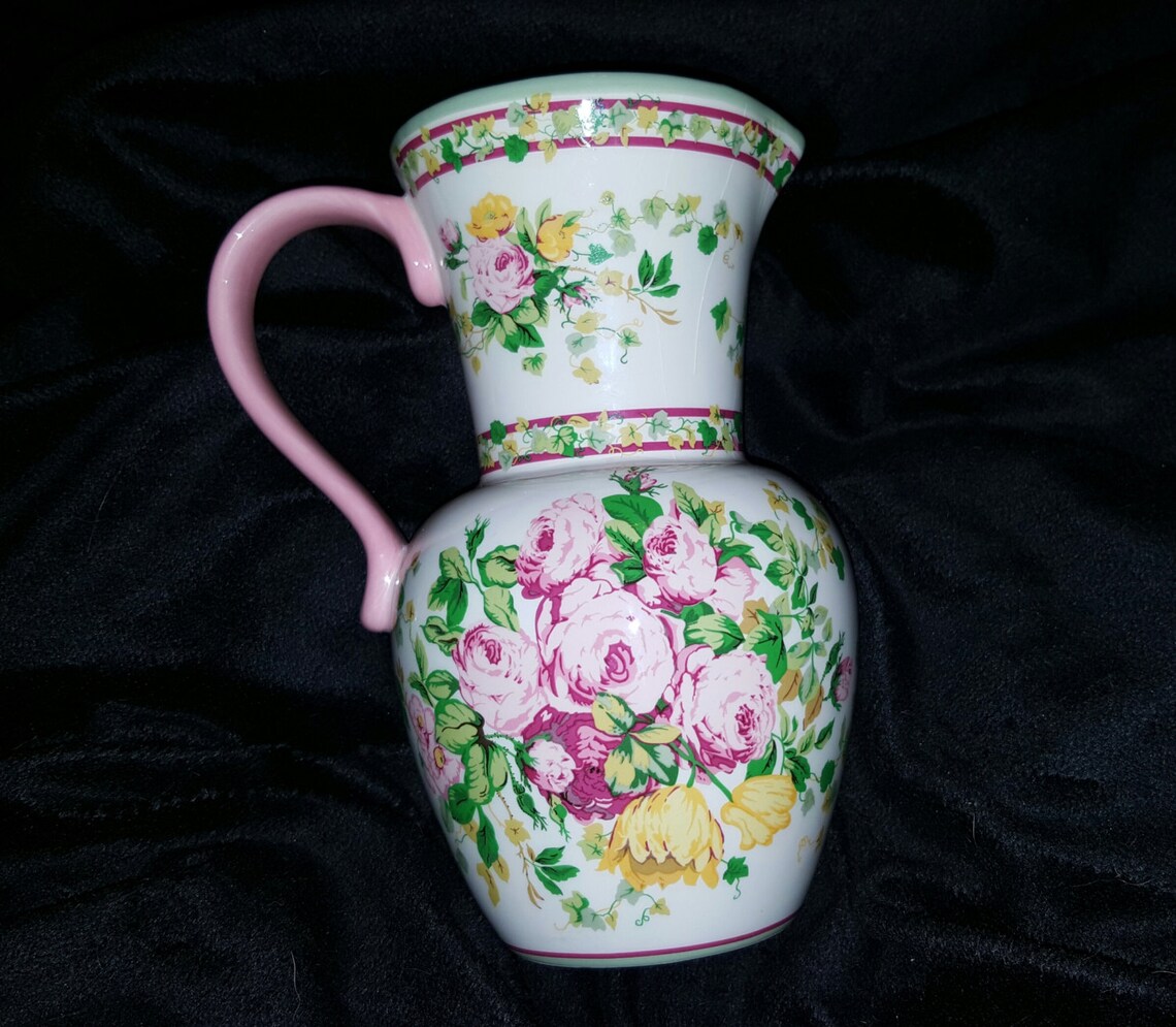 Vintage Laura Ashley FTD Pitcher Vase With Pink Handle and | Etsy